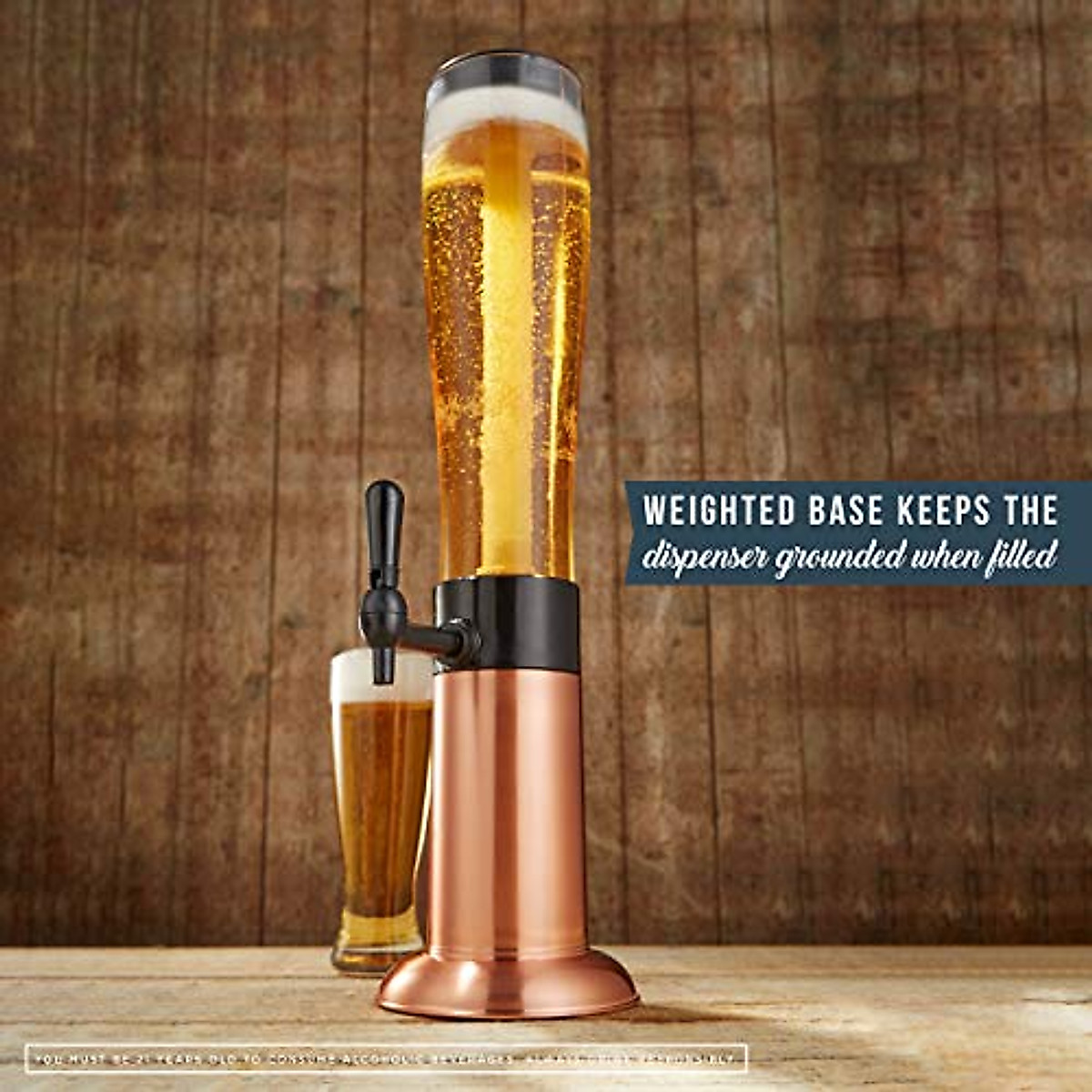 Hammer + Axe Beer Tower Drink Dispenser with Pro-Pour Tap and Freeze Tube to Keep Beverages Ice Cold, Perfect for Parties and Gameday, Home Bar Accessories, 2.75 Qt./2.6 L, Copper Finish, Holiday Gift
