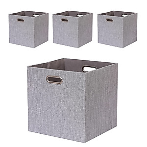 Fboxac Cube Storage Bins 13×13 Linen Foldable Box with Handles, Collapsible Organization Basket Set of 4 Large Capacity Grewer for Closet Shelf Cabinet Bookcase Bedroom, Silver Grey