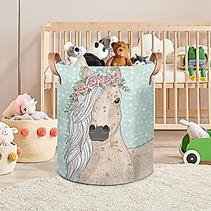 Flower Horse Collapsible Laundry Basket Hamper Portable Waterproof Canvas Clothes Basket Toy Storage Baskets Bin with Durable Leather Handle for Bedroom Clothes Bathroom College Dorm