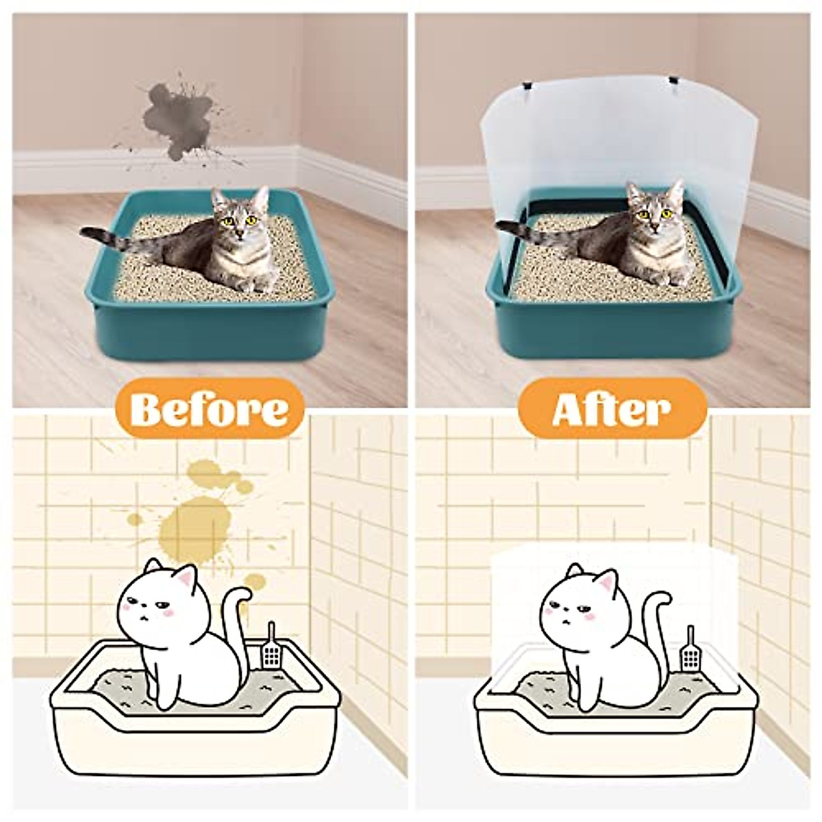 3Pcs Cat Litter Box Pee Shields, Cat Litter Box Pee Splash Guard Frosted Easy Clean Cat Litter Pan Pee for Open Top Litter pan (Litter Box Not Included)