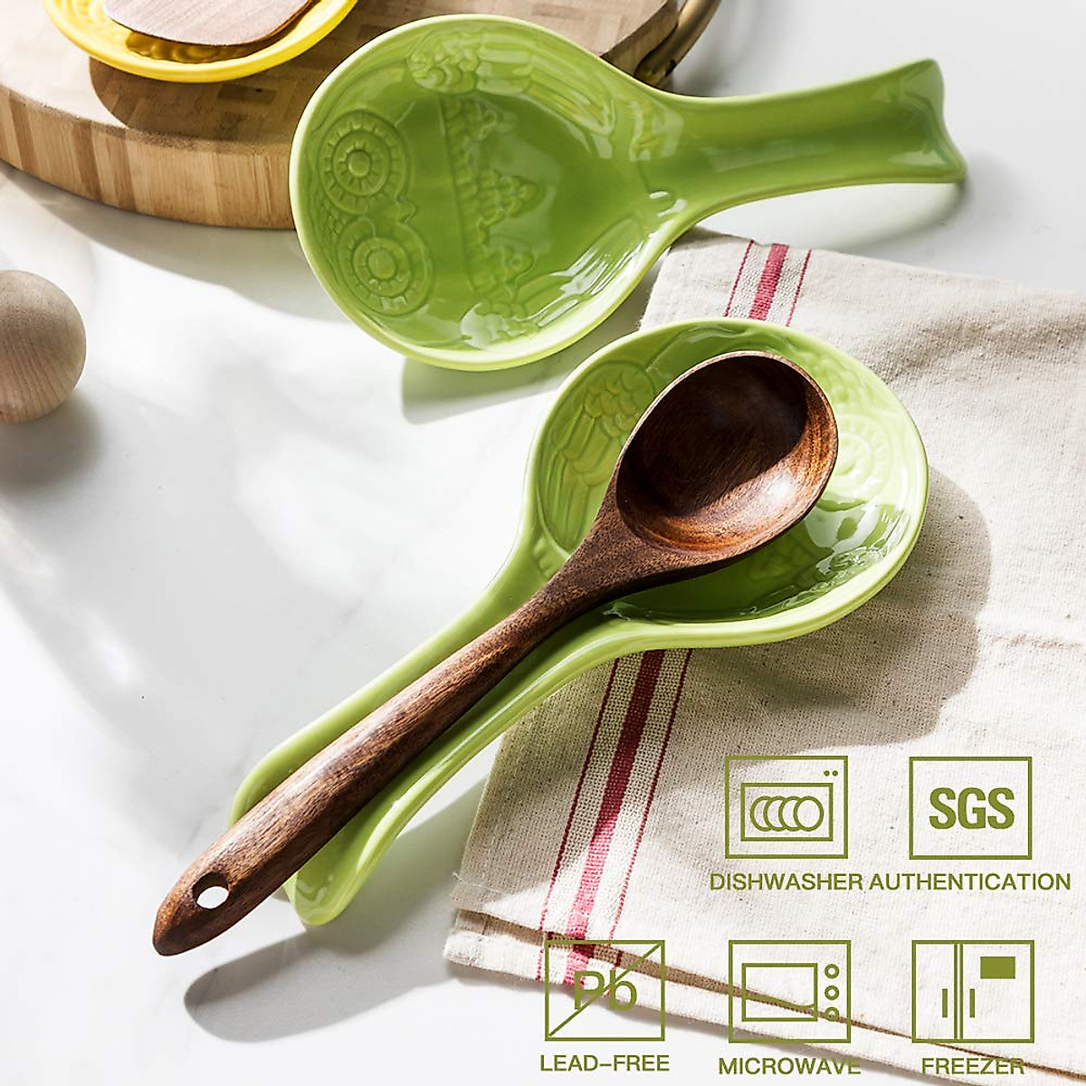 Sweejar Owl Ceramic Spoon Rest Set, Large Spoon Holder for Kitchen, Drip Catcher for Ladle, Spatula, Tongs, Cooking Accessories, Set of 2 (Green)