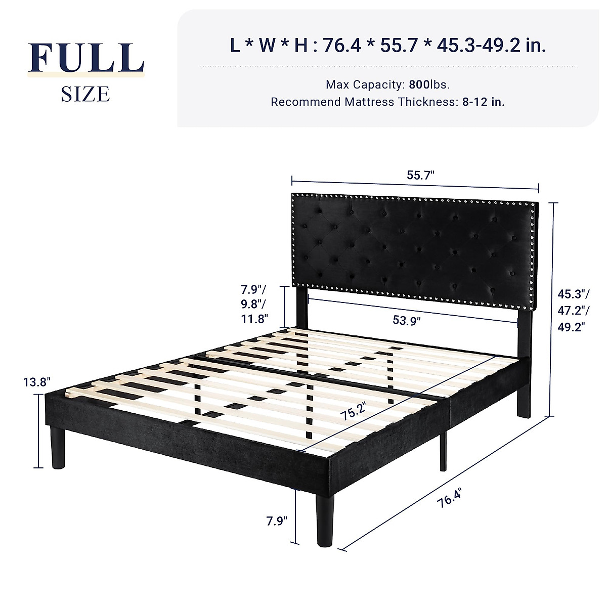 Allewie Full Size Velvet Upholstered Platform Bed Frame with Adjustable Diamond Button Tufted and Nailhead Trim Headboard, Wood Slat Support, Easy Assembly, No Box Spring Needed, Black