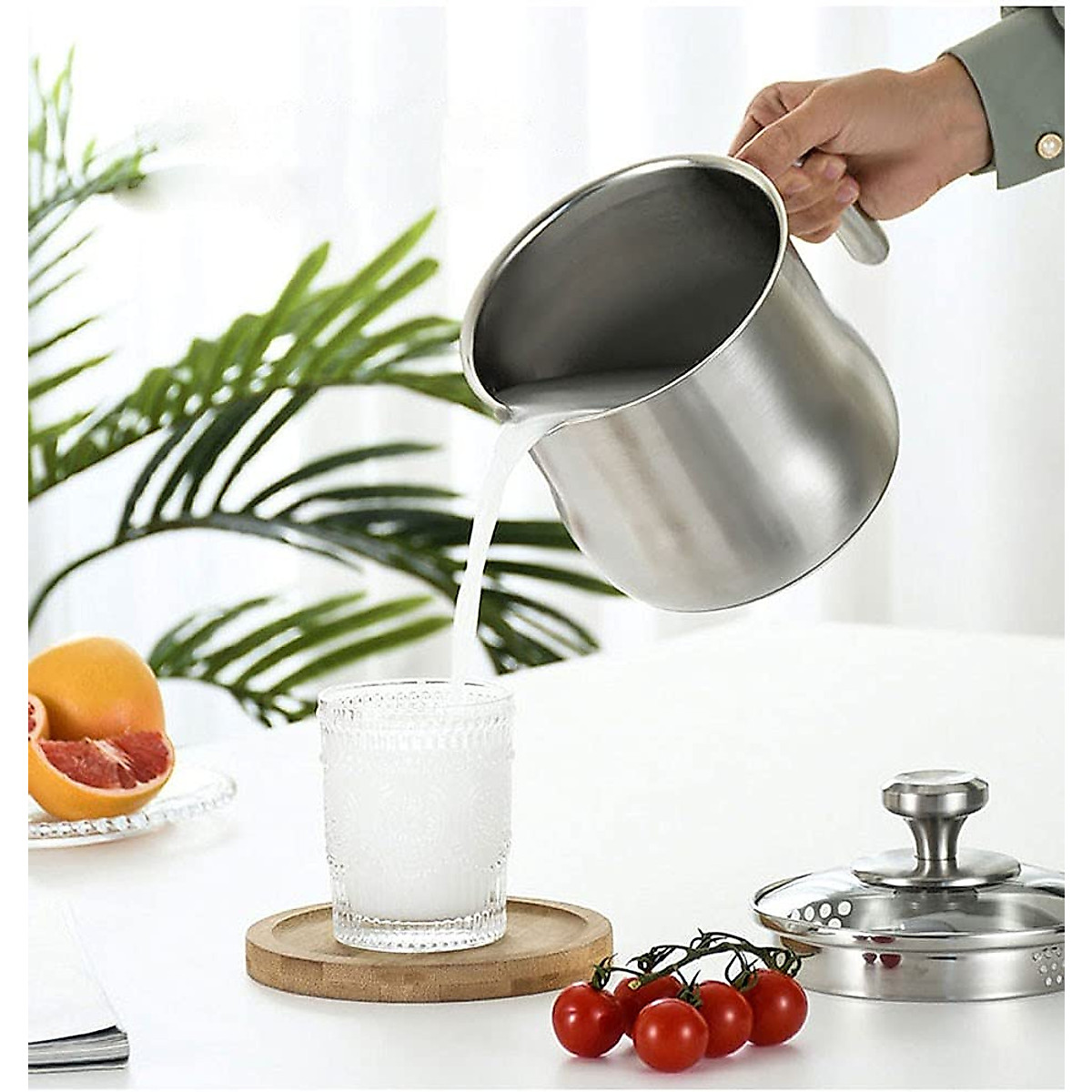 KLLKR 1.8 Quart Stainless Steel Milk Pot with Pour Spout, Saucepan with Lid, No Coating, Reinforced Stainless-Steel Handle for Boiling Milk, Sauce, Gravies