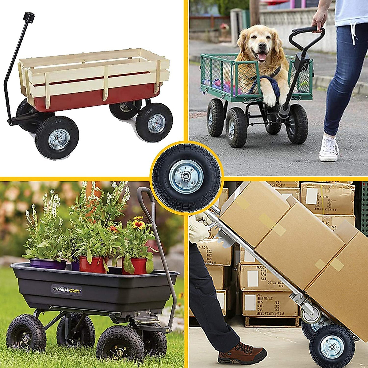 bimiti 4 Pack 10" Rubber Tires and Wheels Pneumatic Air Filled Heavy-Duty Replacement Wheels Tires with 5/8" Center Bearing All Purpose Utility Air Tires Wheels for Dolly Hand Truck Garden Cart