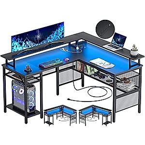 Unikito L Shaped Desk with LED Strip and Power Outlets, Reversible Corner Computer Desks with Monitor Stand and Storage Shelf, Modern Gaming Table, Home Office Desk with USB Ports, Black