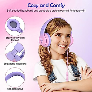 Candy Bila Kids Headphones, Wired Headphones for Kids with Microphone, 85/94dB Volume Limiter Headphones for Girls Boys with Sharing Jack, Foldable Headphones for Online Study, Gradient Red
