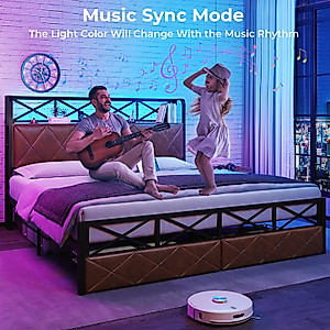 DICTAC King LED Bed Frame with Hidden Storage Headboard, Brown Leather Upholstered Bed Frame with 2 Drawers, Metal Platform King Led Headboard with Charging Station