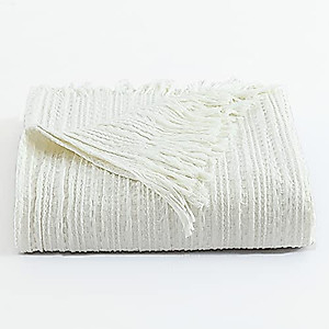 100% Cotton Throw Blanket, Waffle Woven Cream White Thin Decorative Blanket with Fringe, Rustic Pre-Washed Soft, Cozy, Light Weight Blanket for Couch, Travel, Farmhouse Boho Style Throw, 60'' x 80''