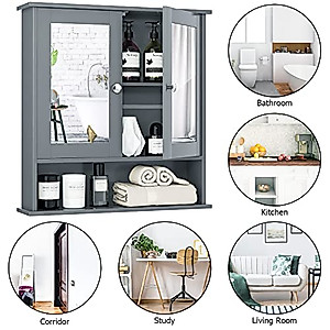 Tangkula Bathroom Cabinet Wall Mounted with Double Mirror Doors, Wood Hanging Cabinet with Doors and Shelves, Bathroom Wall Mirror Cabinet (Gray)