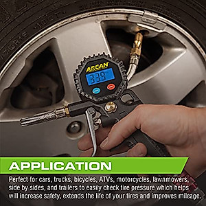 ARCAN Professional Tools Digital Tire Inflator and Gauge with Valve Core Remover, 3-200 PSI Range, Digital Display Screen with PSI/BAR/KPA/KGF Readings, Dual AAA Battery Powered (ADTIAG)