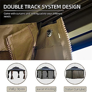 12'x12' Hardtop Gazebo, Outdoor Aluminum Frame Canopy with Galvanized Steel Double Roof, Outdoor Permanent Metal Pavilion with Curtains and Netting for Patio, Backyard and Lawn(Brown)