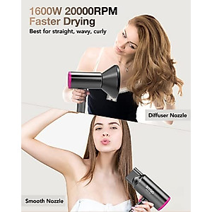 SIYOO Hair Dryer with Diffuser, 1600W Ionic Blow Dryer, Constant Temperature Hair Care Without Hair Damage, Lightweight Portable Travel Hairdryer