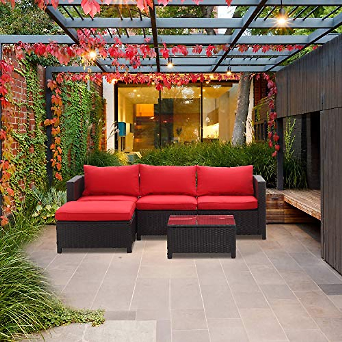 Patio Sofa Furniture Sets 5 Piece, Outdoor PE Wicker Rattan Conversation Sofa Set with Coffee Table, Wine Red (Black Rattan)