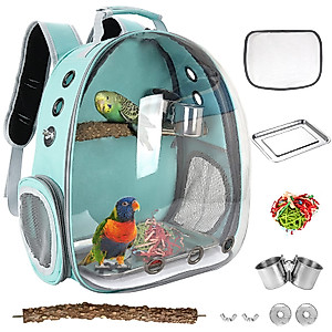 Bird Carrier Backpack Travel Cage with Perch, Breathable Clear Parrot Cockatiel Cage with Toy Stainless Steel Food Bowl Tray for Conures Parakeet Budgie Canary Lovebirds, Small Animal Pet Carrier Bag