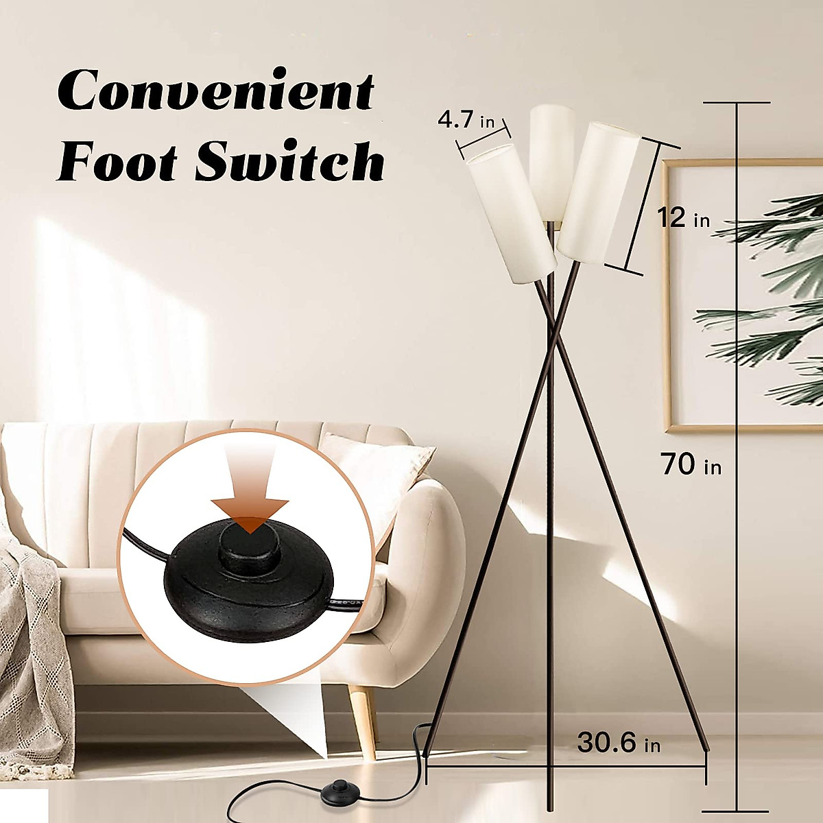 TYIAINI Floor Lamp, Tripod Floor Lamp with 3-Light, Modern Standing Lamps with Foot Switch, 70" Standing Tall Pole Lamps for Living Room, Bedroom, Study Room and Office