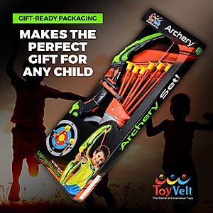 ToyVelt Kids Bow and Arrow Set - LED Light Up, Archery Set Comes with 6 Suction Cup Arrows, Target & Quiver, Indoor and Outdoor Toys for Children Boys Girls, Best Gift (Bow and Arrow for Kids)