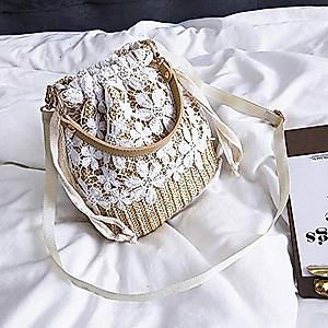 Puedo Exquisite Beach Clutch Purse Bag Bucket Bag Lace Handmade Straw Woven Sling Handbag Shoulder Crossbody Bag for Women, Beige, One Size