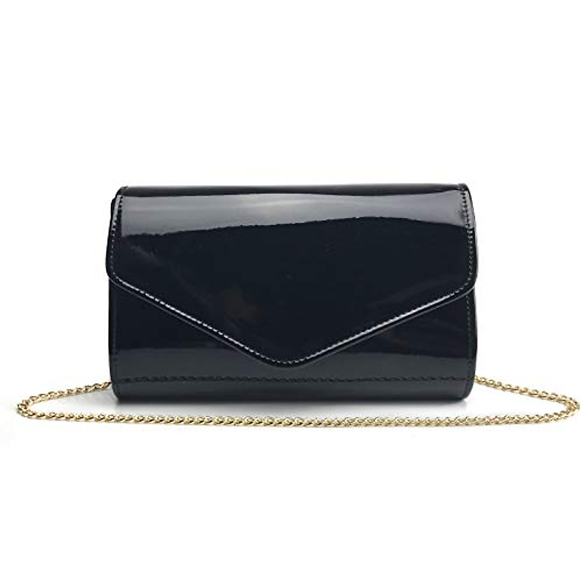 HOXIS Glossy Envelope Evening Clutch Faux Patent Leather Women Chain Shoulder Bag Solid Color Purse (Black)