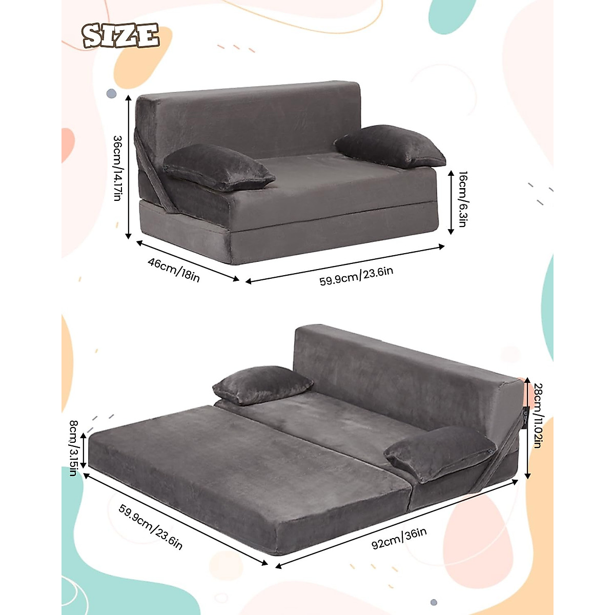 Weighted Idea Kids Sofa Toddler Couch Safe Sturdy for Boys, Soft Flannel Fabric Comfy Kid Couch Fold Out for Lounger, 2-in-1 Convertible Child Sofa Bed for Bedroom(Medium Grey)