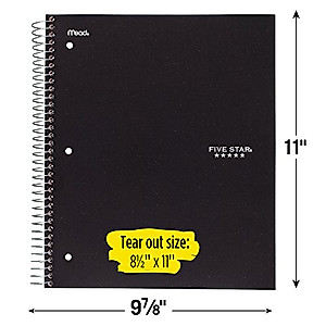Five Star Spiral Notebook, 1 Subject, College Ruled Paper, 100 Sheets, 11" x 8-1/2", School, Wired, Black (72057)