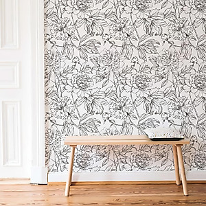 Simon&Siff Floral Linear Wallpaper Black White Peel and Stick Wallpaper Sketch Flowers 17.3 x 118 Removable Floral Wall Paper Durable Waterproof for Bedroom Bathroom Walls Cabinets Shelves