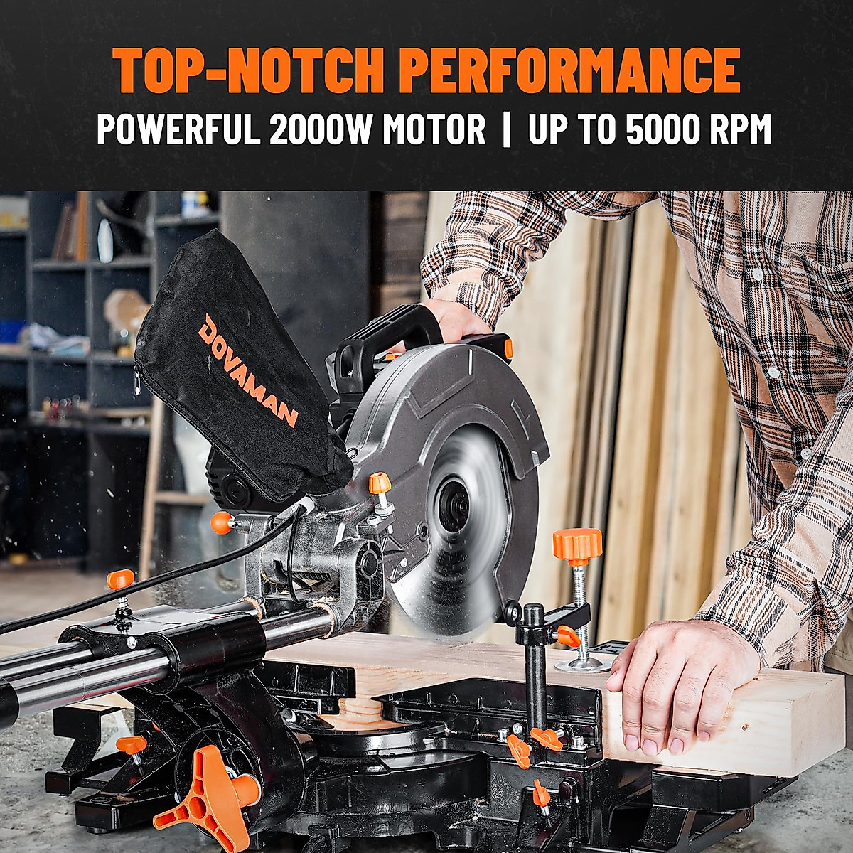 DOVAMAN 10in Sliding Miter Saw, Multi-use w/ 3 Blades, 15A Miter Saw, 4500/3200RPM, Ambidextrous Use, 0-45° Bevel Laser Cut, Max Cut 3.5x13.4in, 9 Positive Stops, for Cutting Wood, PVC or Soft Metal