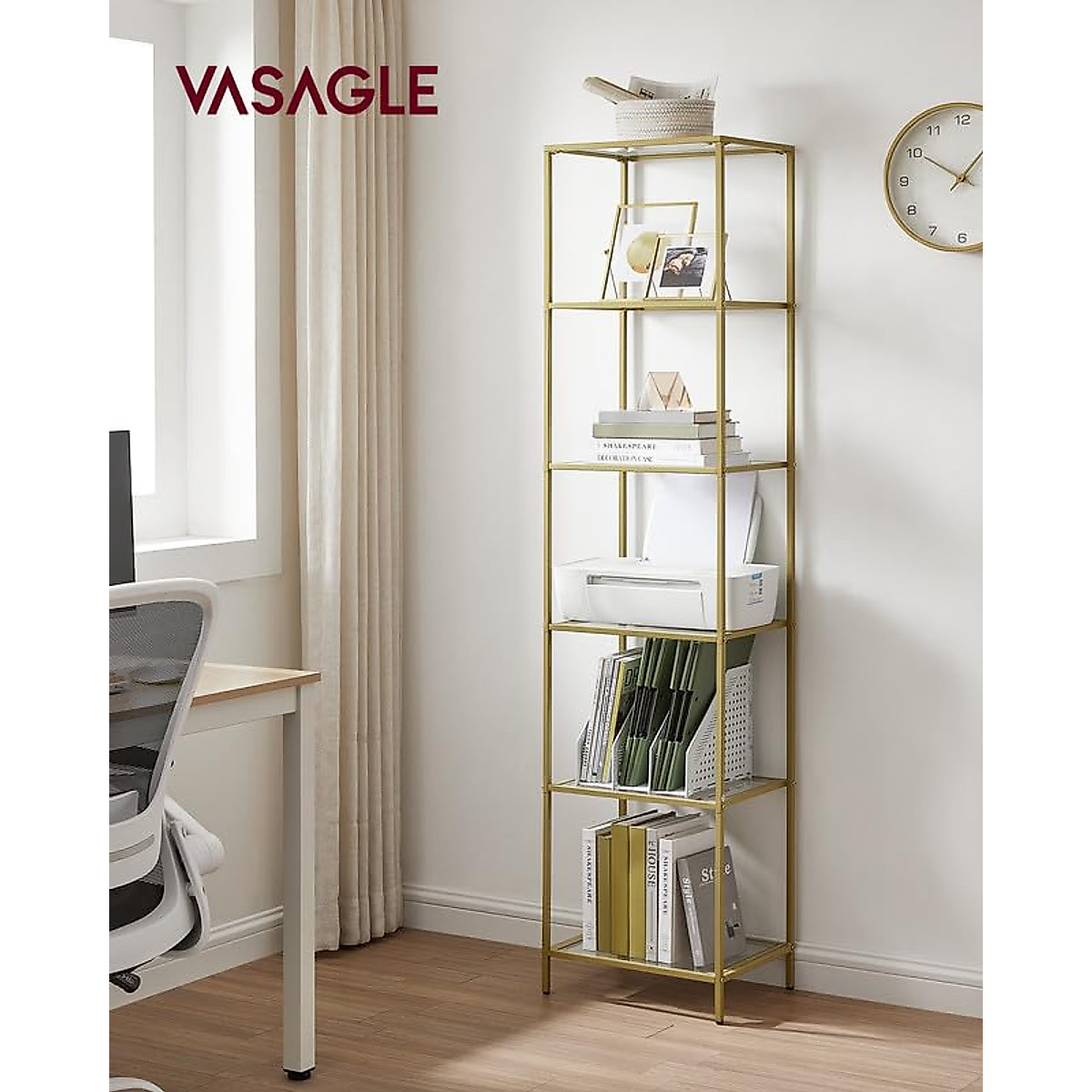 VASAGLE Bookcase, 6-Tier Bookshelf, Slim Shelving Unit for Bedroom, Bathroom, Home Office, Tempered Glass, Steel Frame, Gold Color ULGT500A01