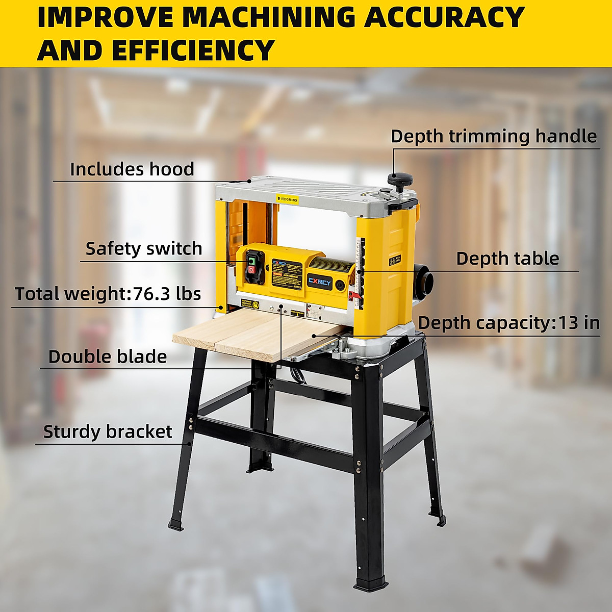 Benchtop Planer, Three-Solid Steel Blade Benchtop Thickness Planer, 20,000 RPM, 15-Amp, Corded, Dust removal system (Planer with Stand)