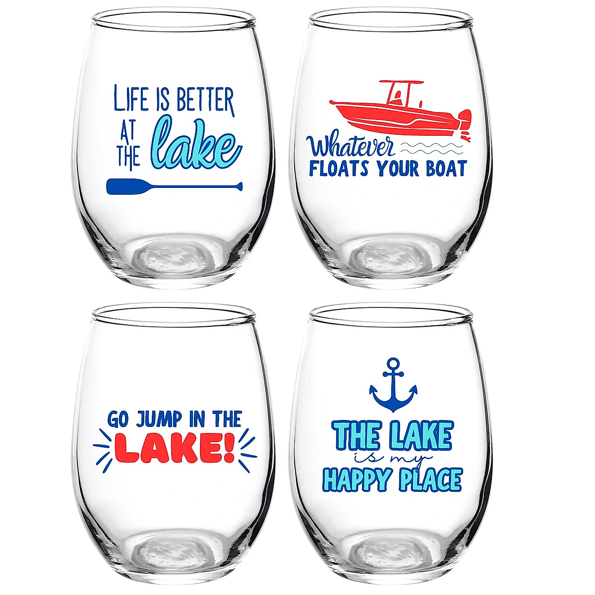 Needzo Shatterproof Stemless Wine Glasses for Lake House, Cute Funny Unbreakable Cups for Pool, Beach, Vacation, 4.5 Inches, Set of 4