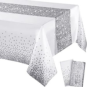 Tablecloth and Sequin Table Runner Set Polka Dots Confetti Table Cover Dining Plastic Table Cloths Glitter Decorations for Birthday Wedding Anniversary Party Supplies (White, Silver, 2 Pcs)