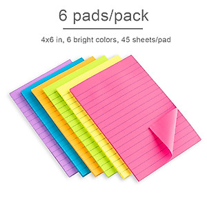 Lined Sticky Notes 4X6 in Bright Ruled Post Stickies Colorful Super Sticking Power Memo Pads Its Strong Adhesive, 6 Pads/Pack, 45 Sheets/pad