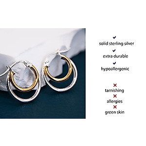 Hoops & Loops Yellow Gold Flash Sterling Silver Two-Tone Double Circle Round-Tube Polished Hoop Earrings, 15mm