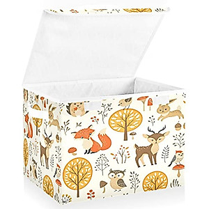 Storage Bins with Lids Foldable Storage Baskets Storage Cubes Collapsible Closet Organizer Containers with Cover Forest Animals for Home Office Organizer Closet, Shelves, Toy, Nursery