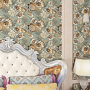 ReWallpaper Vintage Gold Floral Wallpaper Garden Bird Flower Peel and Stick Wallpaper for Bedroom Accent Wall 17.5in X 10ft Dark Cyan Teal Contact Paper for Cabinets Peel & Stick Vinyl Wall Paper