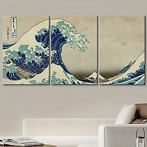 wall26 Canvas Print Wall Art Set The Great Wave Off Kanagawa by Hokusai Cultural Historic Oil Painting Fine Art Reproduction Scenic Colorful for Living Room, Bedroom, Office - 16"x24" x 3 Panels