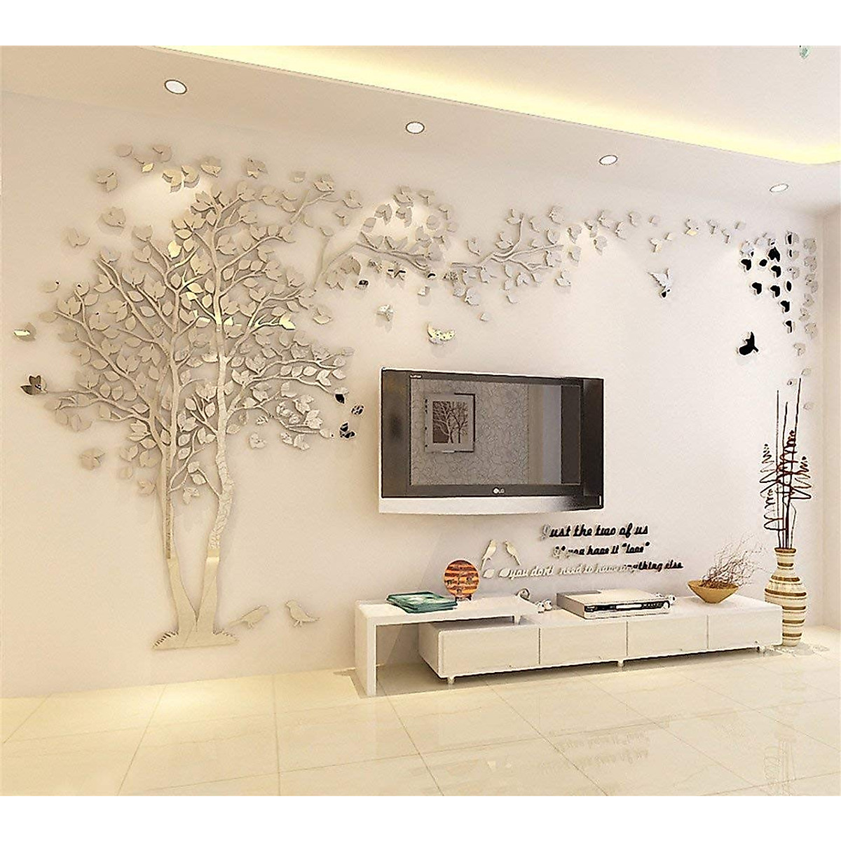 3D Tree Wall Stickers - DIY Tree and Birds Wall Decals Family Couple Tree Stickers Murals Wall Decor for Living Room Bedroom TV Background Home Decorations(Silver Left,M-98X51in)
