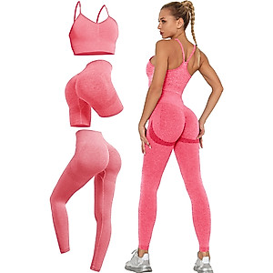 3 Piece Workout Sets for Women Scrunch Butt Lift Leggings Shorts with Pleated Strappy Sports Bra Active Outfits (Pink- 3 Piece,M)