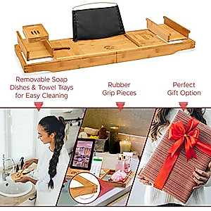Morvat Premium Bamboo Wood Expandable Bathtub Tray & Caddy for Bathroom, Includes Book Holder, Shelf for Laptop Tablet & Phone, Wineglass Slot & More, Great Gift & Accessories for Home Spa Tub & Bath