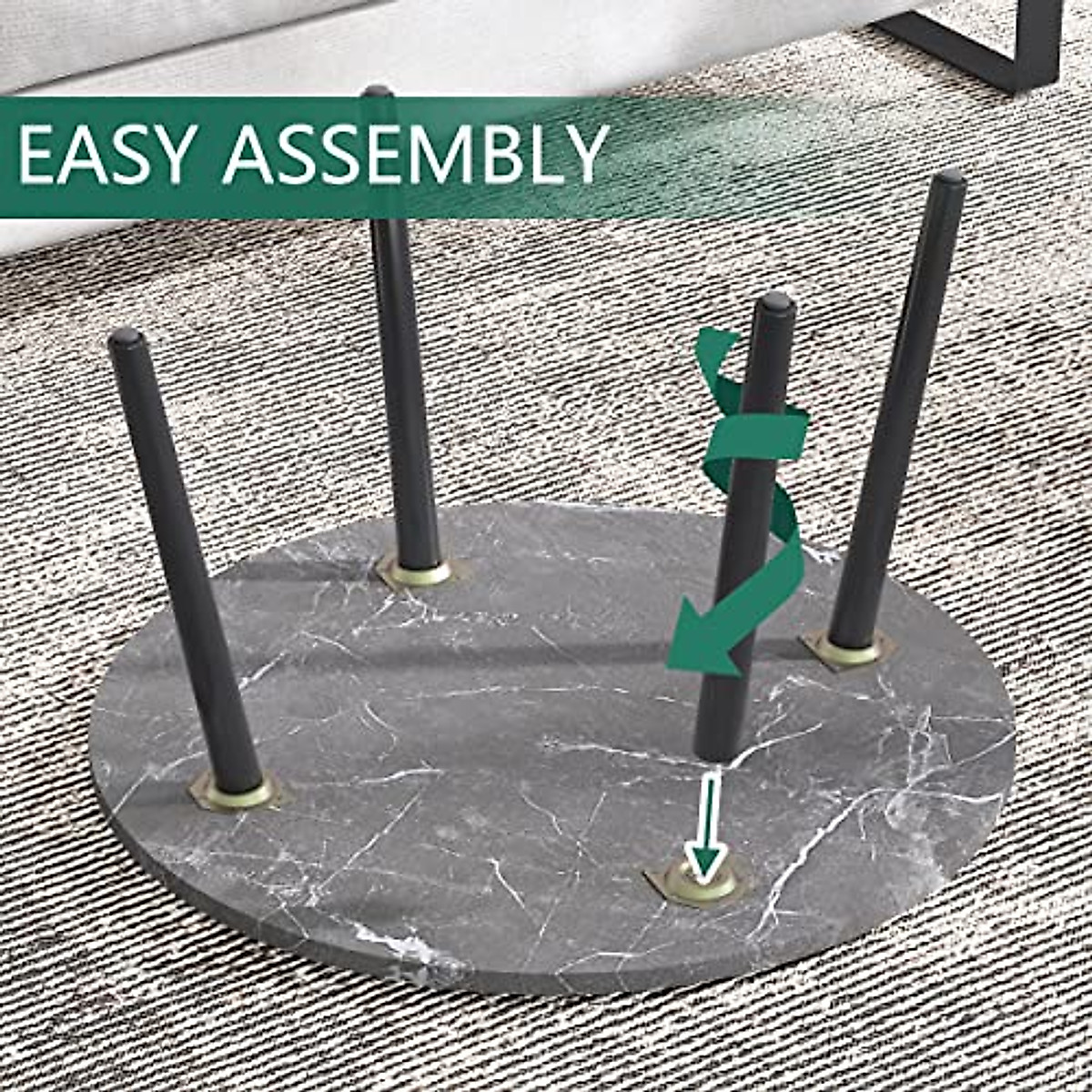 WiberWi Round Coffee Table 23.6” Small Coffee Tables for Living Room Faux Grey Marble Top Modern Circle Table Sturdy Black Solid Wood Legs Cocktail Table End Table