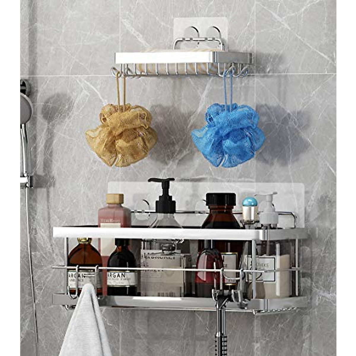 KESOL Shower Caddy + Soap Dish with Hooks for Hanging Sponge and Razor, Shower Organizer Shampoo Holder, No Drilling Adhesive Wall Mounted, Rustproof SUS304 Stainless Steel- 2 Pack