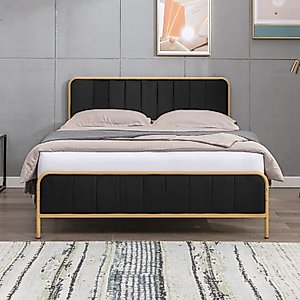 Mixoy Cal King Metal Bed Frame, Velvet Platform Bed Frame with Headboard, Heavy Duty Metal Mattress Foundation, Strong Metal Slat Support, No Box Spring Needed, Easy Assembly (Cal King,Golden/Black)