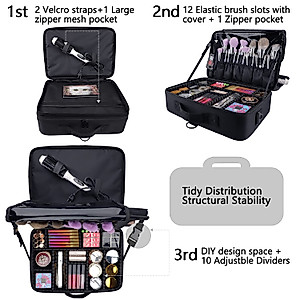 Oewoer Professional Travel Makeup Case 16.5 Inches Large Make Up Bag Cosmetic Train Case Portable Artist Storage Organizer Bag with Shoulder Strap for Makeup Brushes (L-Black)