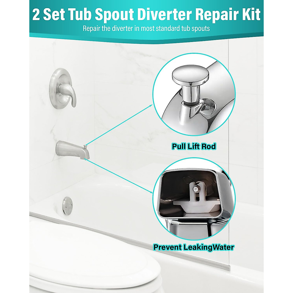 Tub Spout Diverter Repair Kit(2Sets) - Leak Prevention Design with Metal Stem & Rubber Seals, 3-Step Installation for Shower/Bathtub Switching,Bathtub Leaky Faucet Repair Replacement Parts (2)