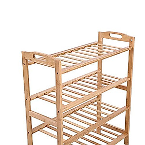 KKTONER Bamboo Wood Shoe Rack with Handle 4 Tier 12 Pairs Shoe Shelf Storage Organizer Free Standing Natural Color