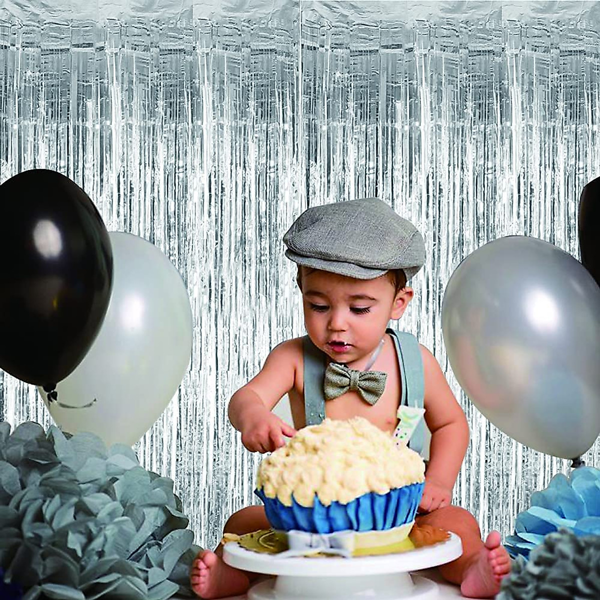 TONIFUL 3Pcs Silver Door Streamers,Silver Photo Booth Backdrop Metallic Streamers Silver Foil Fringe Curtains for Birthday,Christmas,New Year,Bachelorette,Grad Party Streamers Decor(9.9ft x 8.2ft)