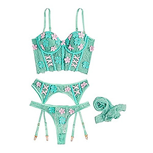 WDIRARA Women's Floral Lace Embroidered Push Up Garter Lingerie Set with Stockings Green M