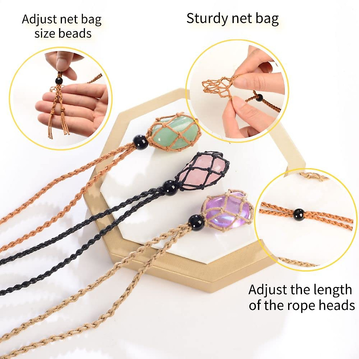 Anjiucc 12 PCS Crystal Cage Necklace Holder Necklace Cord Empty Stone Holder Pendant Stone Holder Replacement Hand-Woven Necklace Cord with Adjustable Length (6pcs Coffee+6pcs Black)