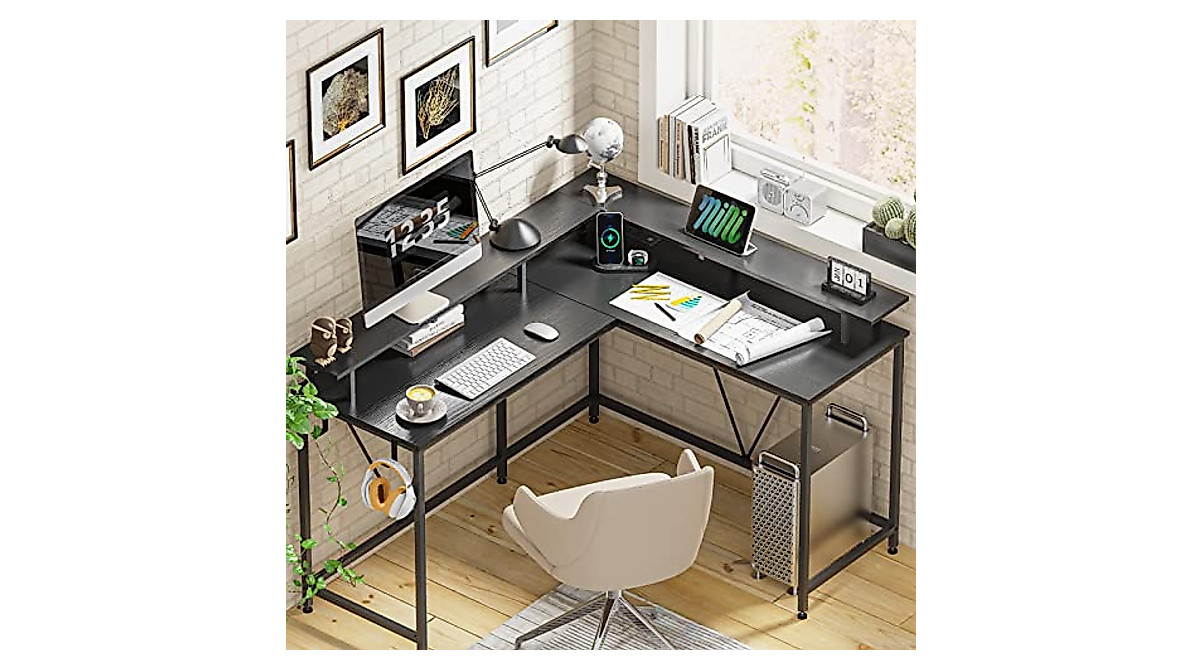 Huuger L Shaped Gaming Desk with LED Lights & Outlets