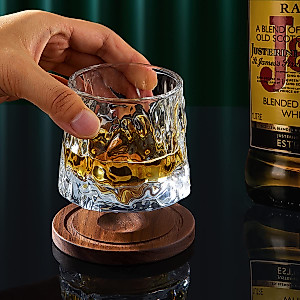 BOLESTA Whiskey Glasses Set of 2, Rotatable Tumbler Crystal Glass Cups, Drinking Glasses with 2Pcs Creative Walnut Coasters and Gift Box - for Scotch,Bourbon,Cocktails