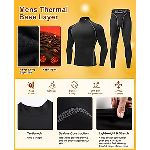 Thermal Underwear for Men Hunting Ski Base Layer Men Cold Weather Fleece Lined Long Johns for Men Turtleneck Thermal Compression Shirts for Men Top and Bottom Underlayer Set,Quick Dry 32375 Black L